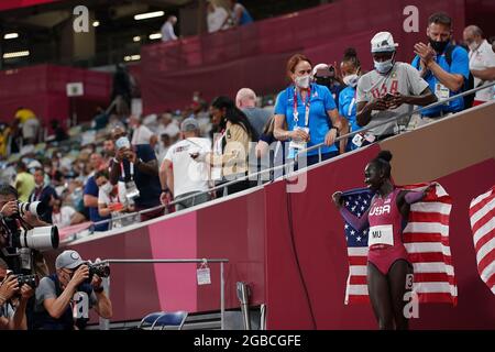 Athing Mu, of United States, celebrates after winning the final of the ...