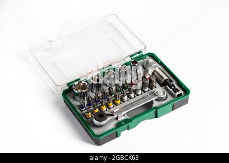 Set of screwdrivers tools instrument in yellow box Stock Photo - Alamy
