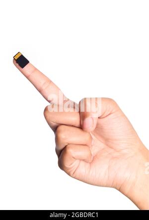 SD memory card on finger isolated on white background. High resolution ...
