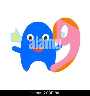 A cartoon illustration of a number nine monster smiling and happy Stock ...