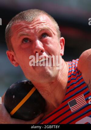 Steven Bastien, of the United States, competes in decathlon shot put at ...