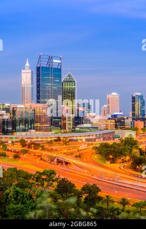 Australia, Perth, Downtown skyscrapers seen across Swan river Stock ...