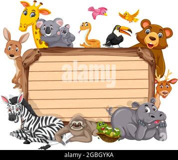 Empty wooden board with various wild animals in the forest illustration ...