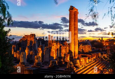 Lighted ruins of Apollo Temple at Didyma at dusk, Turkey Stock Photo ...