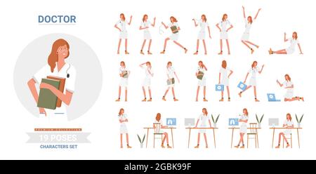 Female doctor sitting pose cartoon character design flat vector ...