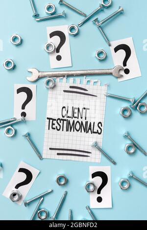 Hand writing sign Client Testimonials, Business overview Written ...