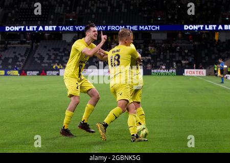Ben Waine of Wellington Phoenix celebrates his goal with team mate ...