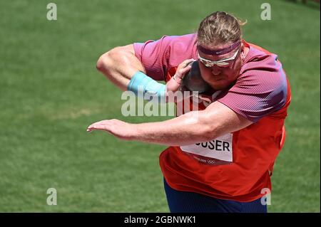 Ryan Crouser of the United States competes in the men's shot put final ...