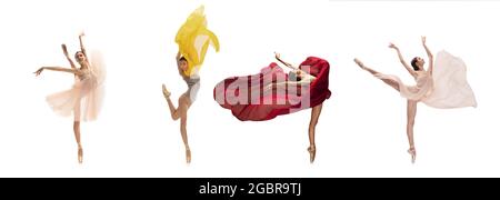 Portrait of young ballerina dancing with fabric isolated over grey ...