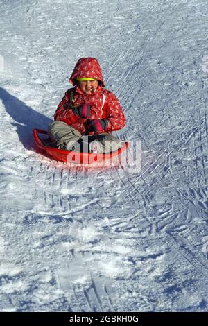 Children slide down on a snowy slope in a park, in Bucharest, Romania ...