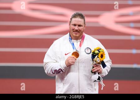 Ryan Crouser of the USA (Gold) medal ceremony in the men’s shot put at ...