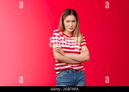 Whining displeased blond asian disappointed girl frowning hesitant ...