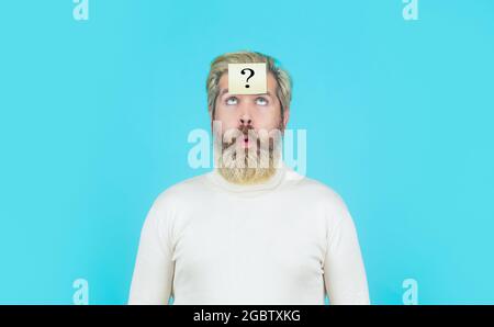Paper notes with question marks. Beard man question mark in head ...