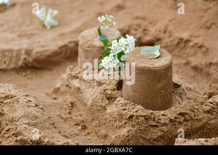 Empty Children's sandbox with a crafts and flowers, Russia Stock Photo ...