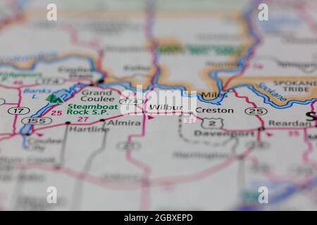 Wilbur Washington State USA shown on a road map or Geography map Stock ...