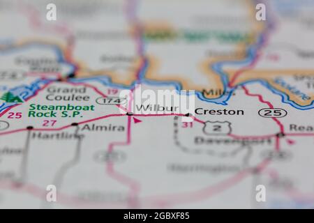Wilbur Washington State USA shown on a road map or Geography map Stock ...