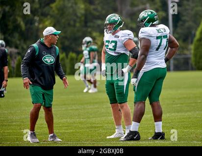 New York Jets center Leo Koloamatangi (63) during the national anthem ...
