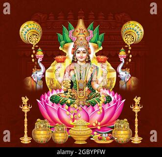 Trending New Hindu god Lakshmi sitting at Golden stage with gold coins ...