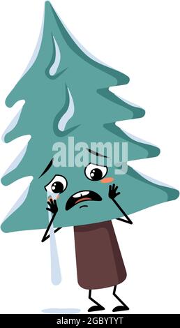 Sad crying Christmas tree with tears in her eyes and a broken toy in ...