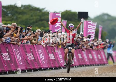 Shizuoka Japan. 27th July 2021. Spectators watch a match of cycling mountain bike at Tokyo 2020 Olympic Games in Shizuoka Japan July 27 2021. Venues for cycling events in Shizuoka are among