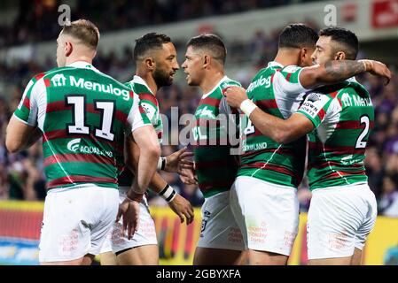 Alex Johnston of the Rabbitohs scores a try during the Round 1 NRL ...