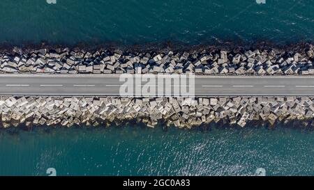 Aerial view of Churchill Barrier and causeway in Orkney Islands ...