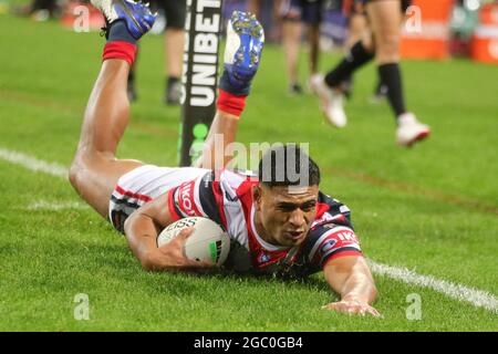 Daniel Tupou of the Roosters scores a try during the NRL Round 21 match ...