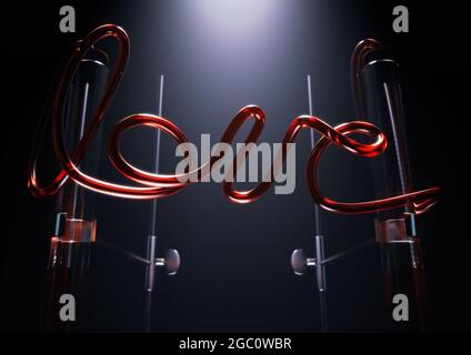 A concept of a glass chemistry set with the word love spelt out in red ...