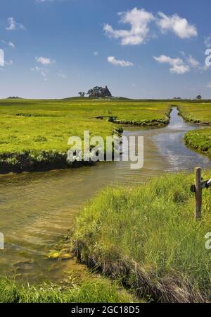 Marsh landscape with drainage ditches and terps, Hallig Hooge, North ...