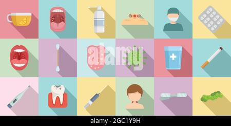 Tonsillitis icons set flat vector. Tonsil anatomy. Mouth throat ...