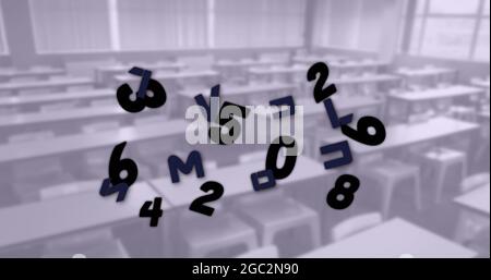 Digital composition of changing numbers and alphabets over spinning globe against empty ...