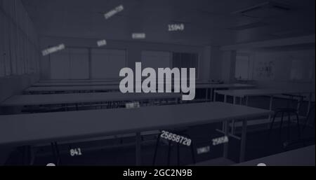 Digital composition of multiple changing numbers floating against empty classroom in background ...