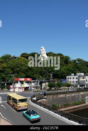 OFUNA, JAPAN - Apr 21, 2021: A train of the Shonan Monorail approaching ...