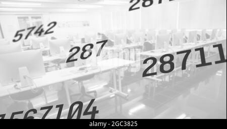 Digital composition of multiple changing numbers floating against empty classroom in background ...
