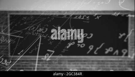 Mathematical equations and diagrams floating against black background ...