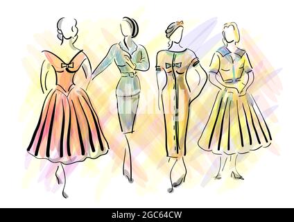 Retro 1950s Women vector illustration. Vintage style illustrations of 3 ...