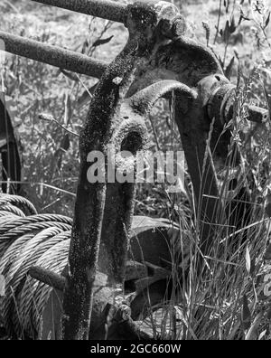 Abandoned fishing boat and winch on Dungeness shingle beach Kent ...