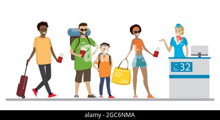 Man with fly ticket. Cartoon guy going on plane board with luggage ...