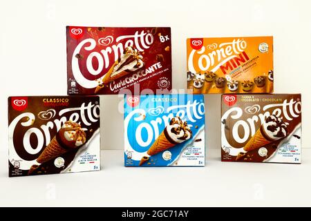 Boxes of CORNETTO Ice Cream with different flavors. CORNETTO is a brand ...