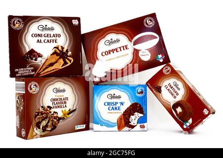 Boxes of GELATELLI Ice Cream with different flavors. GELATELLI is a ...