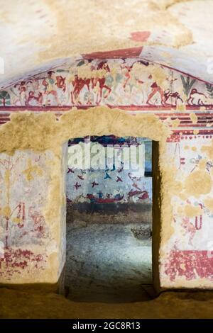 italy, lazio, tarquinia, monterozzi etruscan necropolis, tomb interior ...