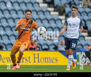 Preston, UK. 07th Aug, 2021. Jacob Greaves #4 of Hull City runs forward ...
