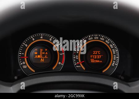 Orange color interior of a car, control panel and seats Stock Photo - Alamy