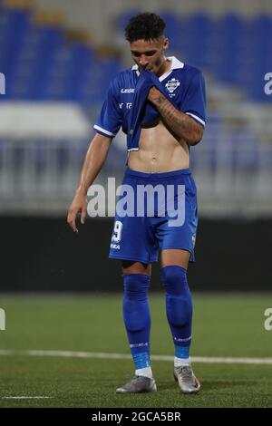 Novaro, Italy. 7th Aug, 2021. Pasquale Fazio of Catanzaro challenges ...