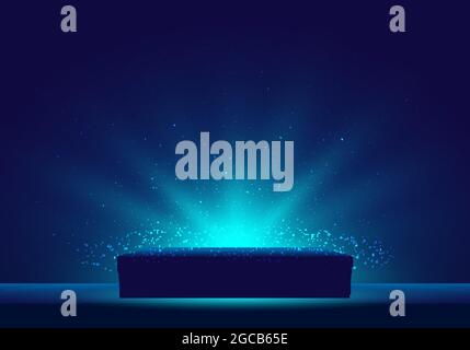 3D blue mystery box with Illuminated lighting glitter on dark ...