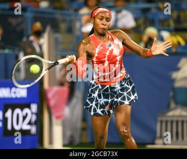 Coco Gauff hits a forehand during a women's singles match at the 2022 ...