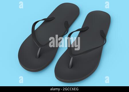 Beach black flip-flops or sandals isolated on blue background. 3d ...