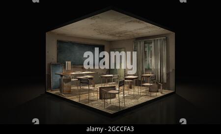 horror and creepy classroom in the school with text help blood. 3D ...