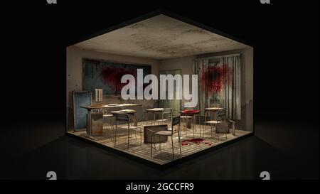 horror and creepy classroom in the school with text help blood. 3D ...