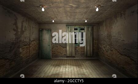 The interior design of horror and creepy damage empty room., 3D ...